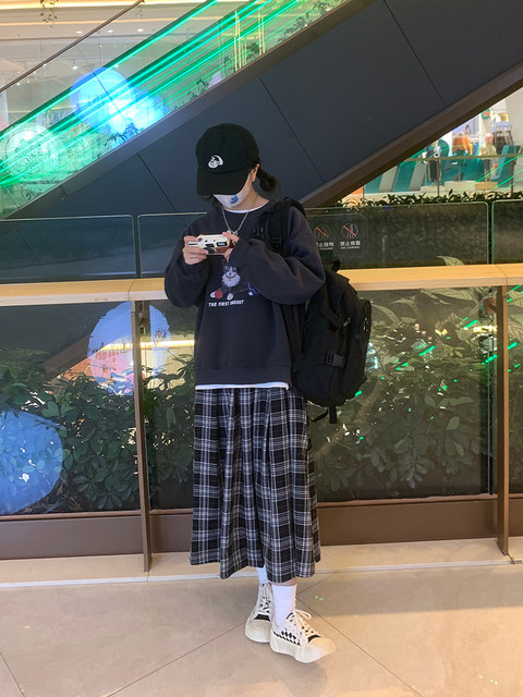 1.5m girl Japanese preppy style draped plaid skirt small all-match ...