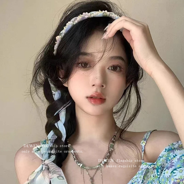 Super fairy floral hairband streamer system with pearl scarf French ...