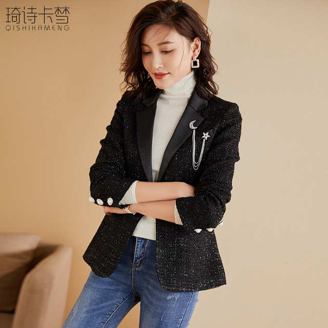 Black tweed suit jacket for women 2024 autumn and winter new style small fashionable style small ...
