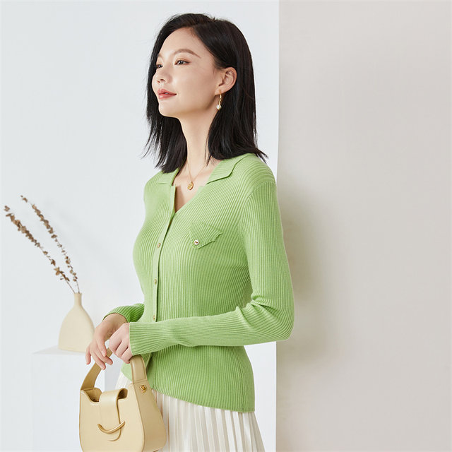 Jinju pure color Shirt Collar Wool Blend Cardigan Outwear Slim Looking ...