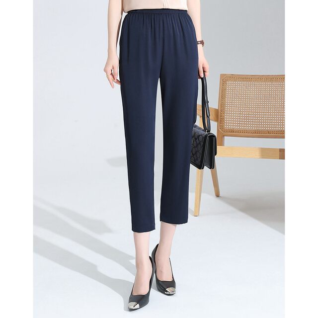 Summer Mulberry Silk Pencil Pants with Elastic Waist, Pure Color ...
