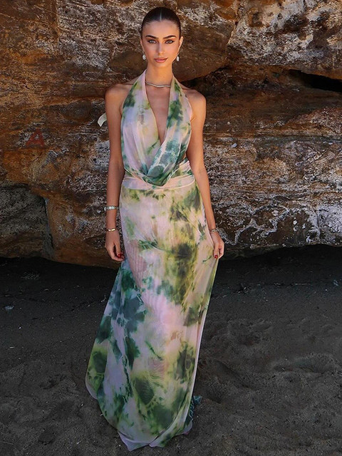 Transition sexy ink printed retro depth V large open -back strap, belly ...