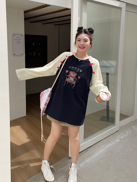 Korean chic chic new style long-sleeved top with bow fat mm large size ...