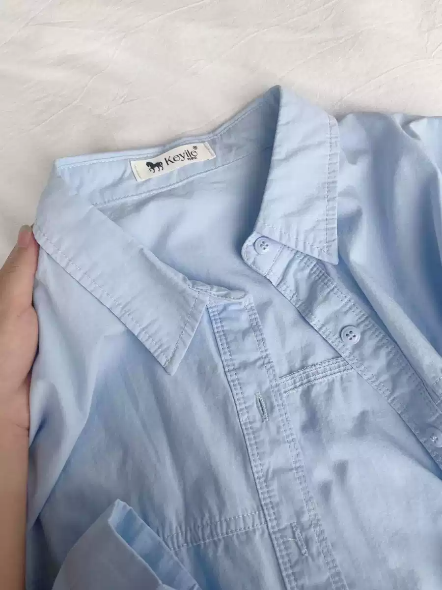 Super nice blue pure cotton long-sleeved shirt Korean women's new loose ...