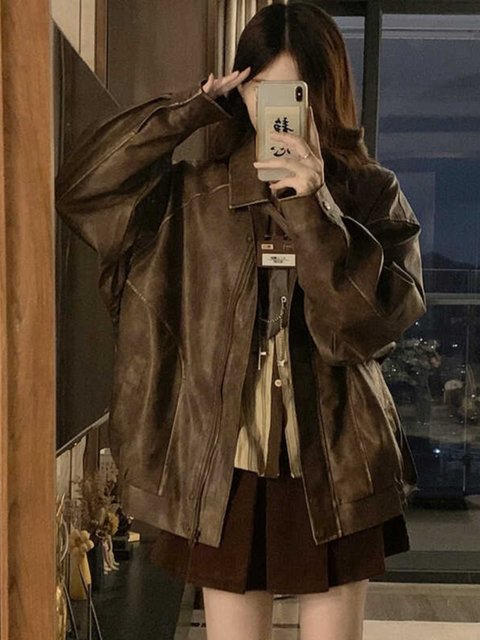 Retro-style rubbed old brown leather jacket for women in spring and ...