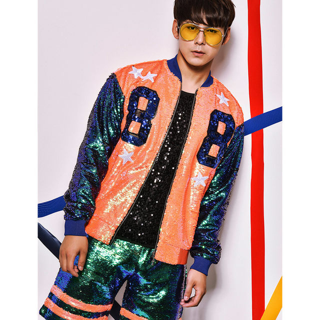 Nightclub male singer bar performance costume long sleeve suit colorful ...