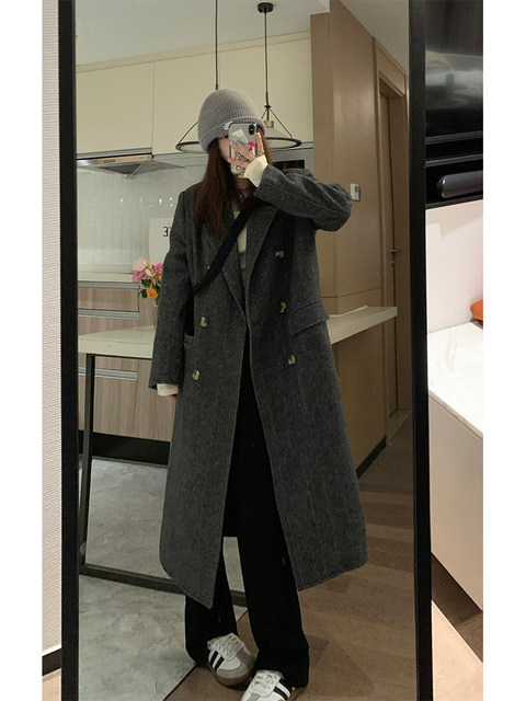Veee female lead coat black long wool coat for women winter double ...