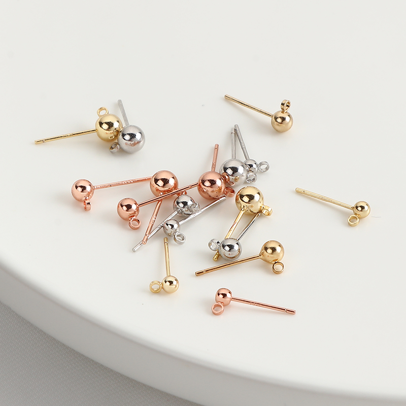 S925 silver needle plated 14K bag gold bean bean earrings small ball needle DIY handmade basic ...