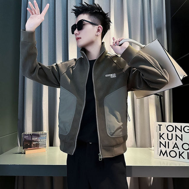 Autumn and winter plus velvet thickened jacket men's trend stripe top ...