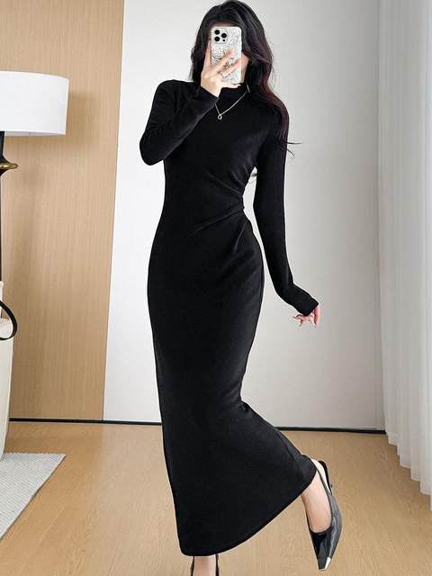 French Hepburn style bottoming long-sleeved dress for women 2025 spring ...