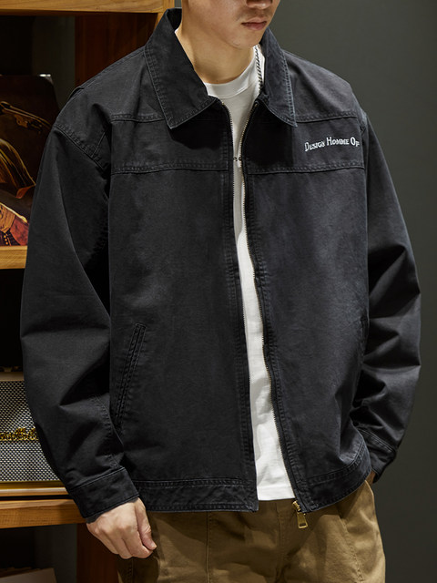 Retro washed outdoor work jacket men's trendy brand embroidered lapel ...