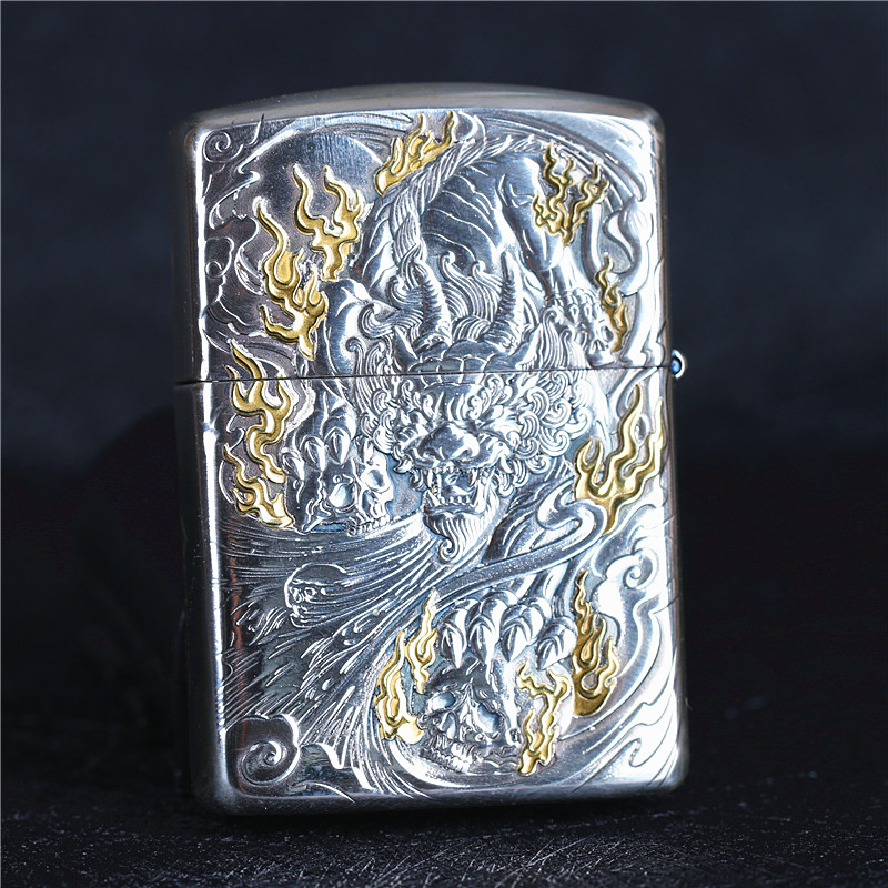 zippo kerosene windproof lighter silver-plated armor machine ghost king ...