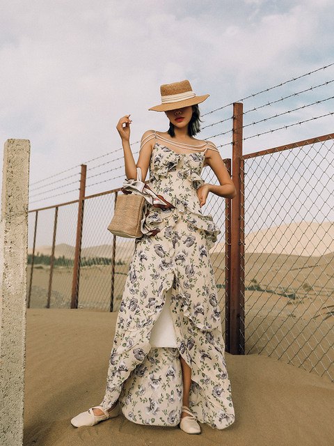 Mai Xu French chiffon printed suspender dress ruffled slit vacation skirt