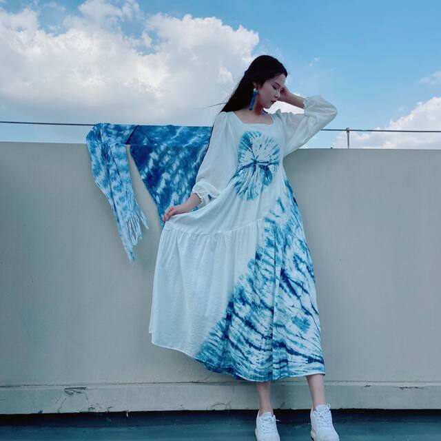 Yiche Autumn tie-dye original design handmade plant blue dyed French ...