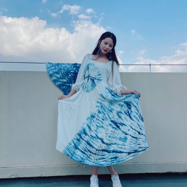 Yiche autumn tie dyeing original design handmade plant blue dye French ...