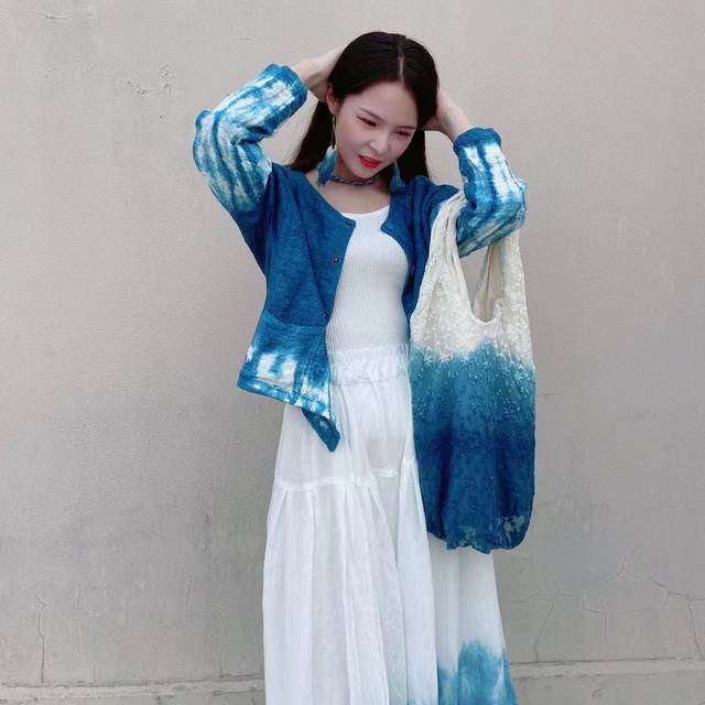 Yiche tie-dye original design handmade plant blue dye autumn artistic ...