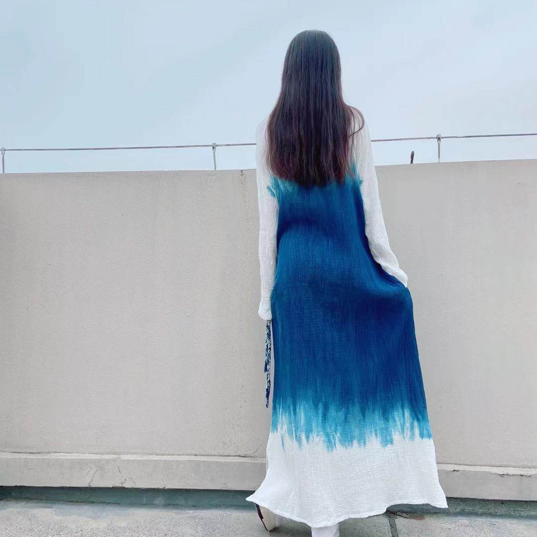 Yiche tie-dyed autumn original design handmade plant blue dyed artistic ...