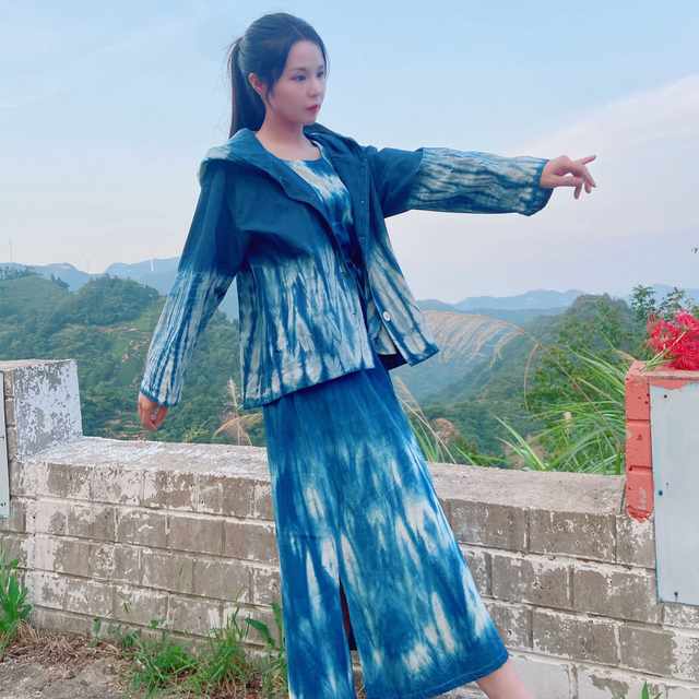 Yiche tie-dye original design autumn style handmade plant tie-dye blue ...