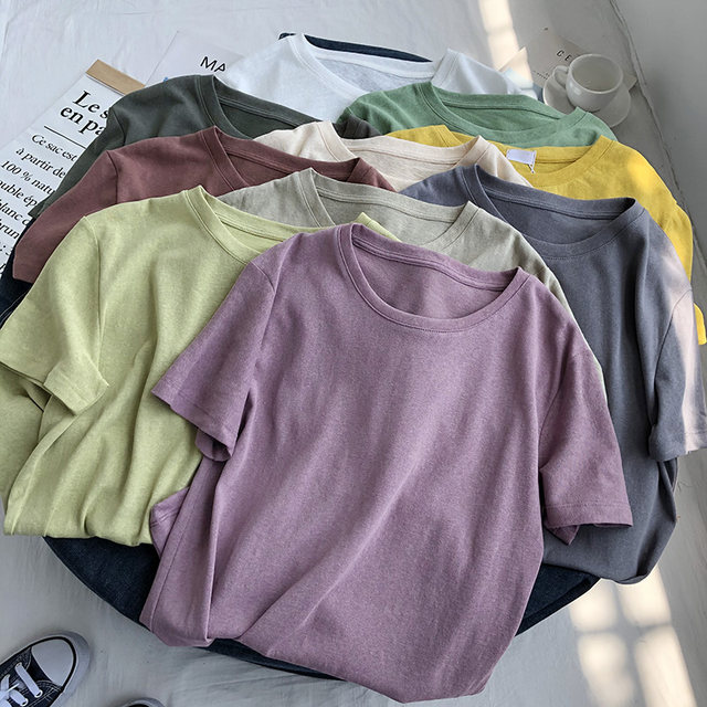 Candy color breathable cotton and linen short-sleeved T-shirt for women ...