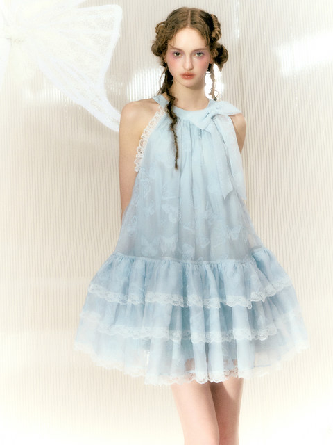 Narrator Original Design Mint Blue Butterfly Organza Lace Halter ...
