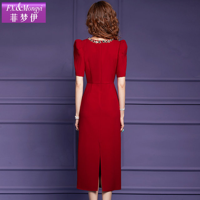 Feimengyi studded red dress women's short-sleeved summer dress high-end ...