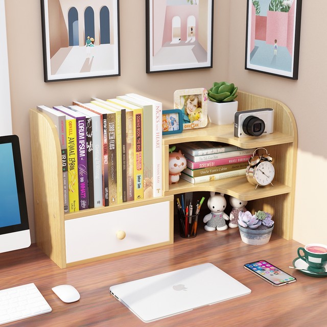 Student desk storage shelves Simple office Small desk small bookshelf ...
