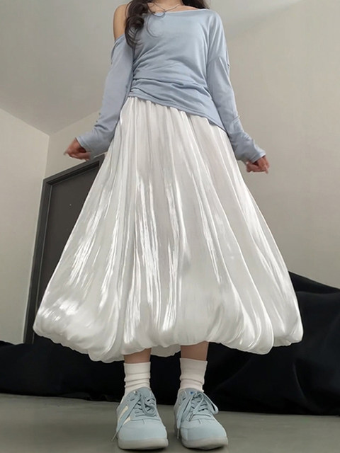 White satin bud long skirt, large size women's A-line skirt, pear ...