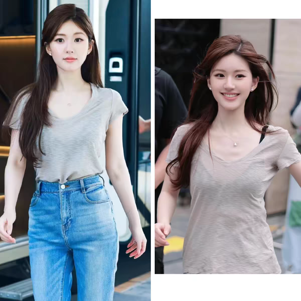 Zhao Lusi star's same style pure desire v-neck shoulder top light brown ...