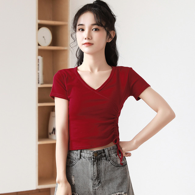 Short crop top women's side drawstring self-cultivation leaking navel ...