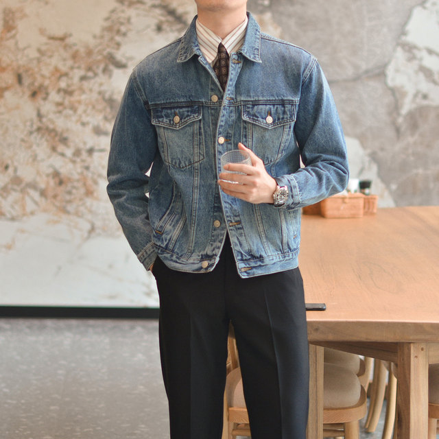 Autumn and winter high-end denim washed retro denim jacket jacket men's ...