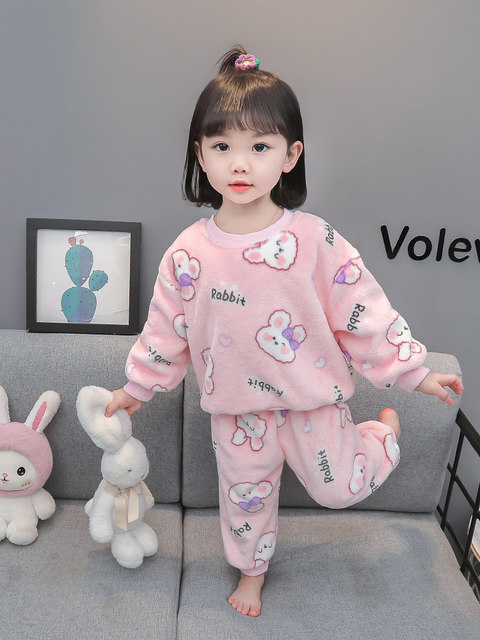 Girls' flannel pajamas autumn and winter thickened girl baby warm ...
