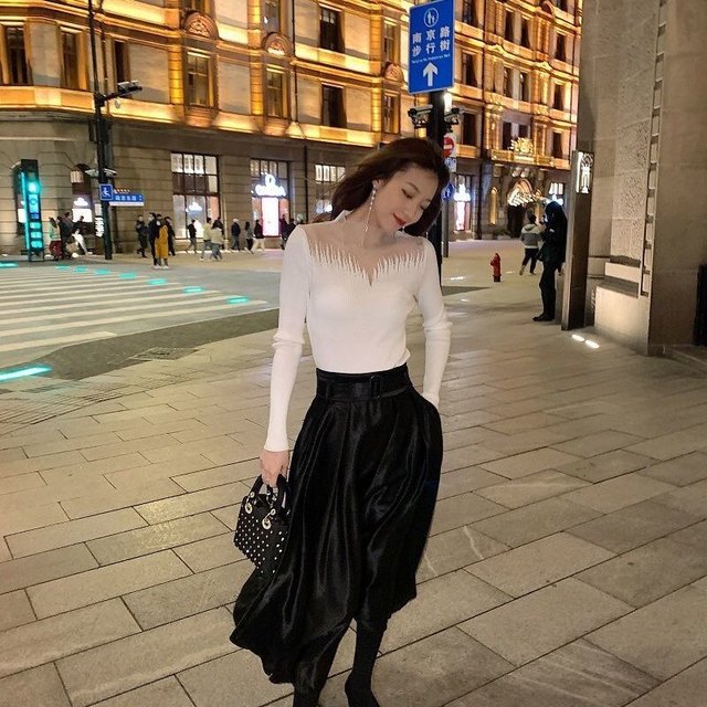 High-end mesh splicing thin solid color sweater design with sexy short ...