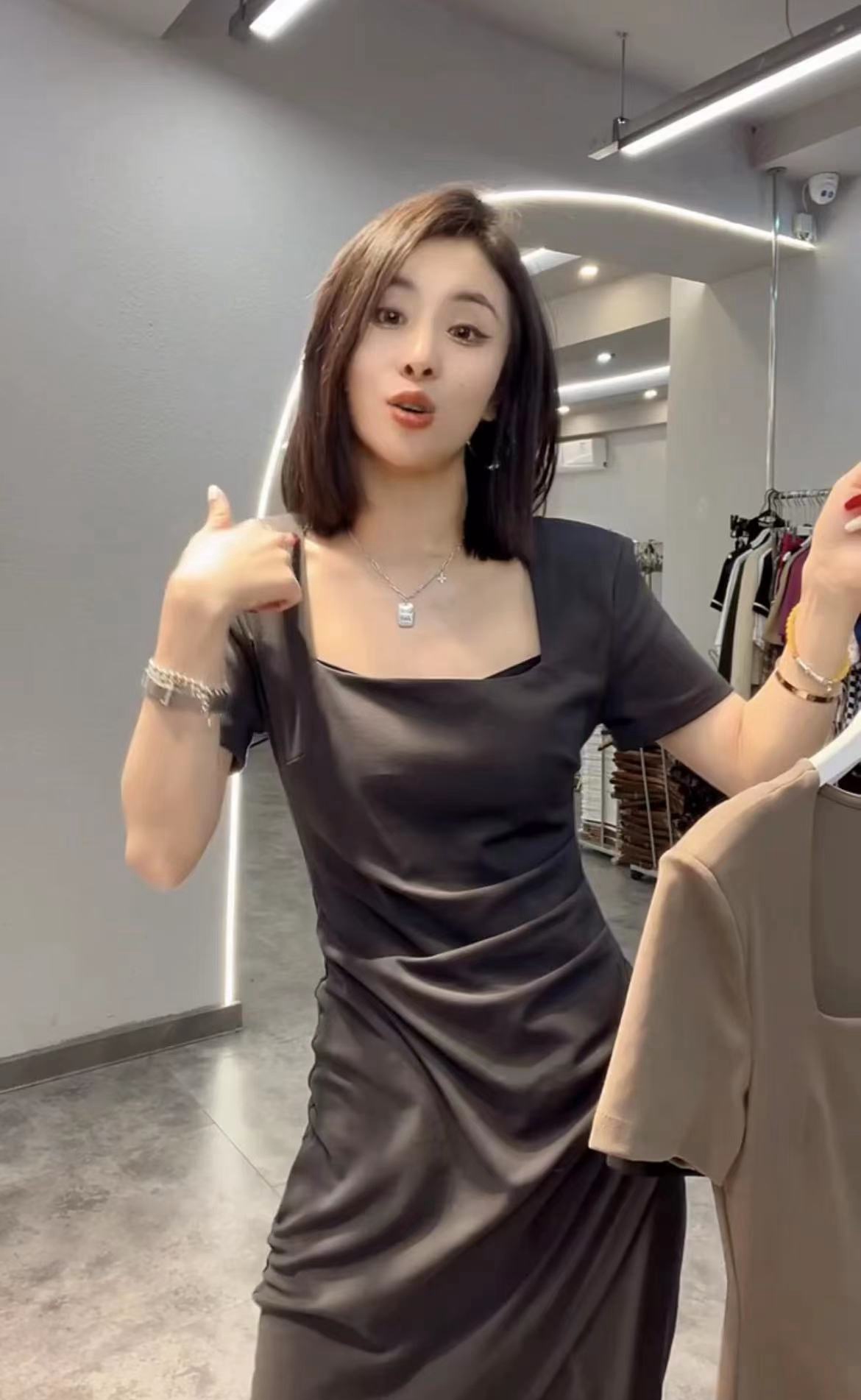 2024 Summer New Style Solid Color Square Neck Short Sleeve Dress Women's Slit Skirt Temperament ...