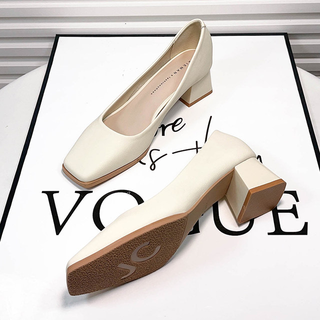 Off-white soft leather shallow thick heel single shoes for women 2024 ...