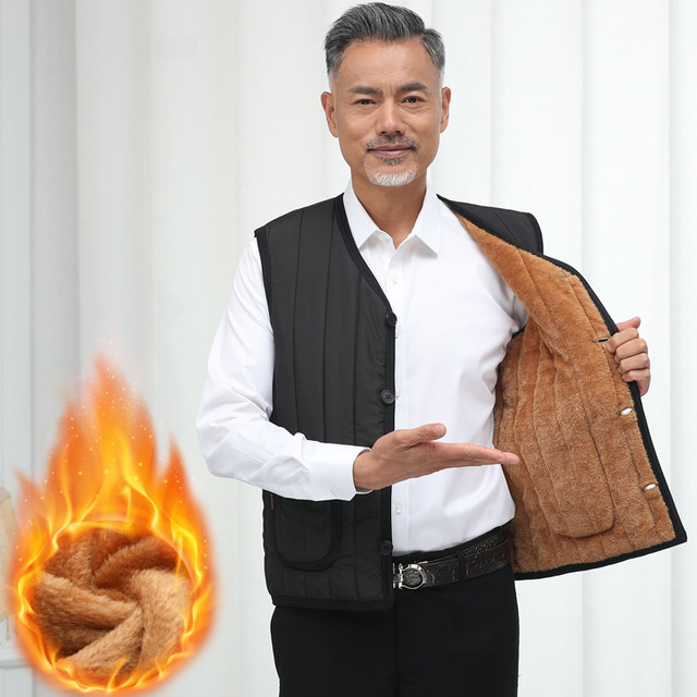 Middle-aged dad autumn and winter vest plus velvet thickened warm cotton vest middle-aged and ...