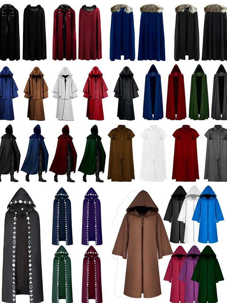 Yuemikeshi Medieval Wizard Cloak - Solid Color Hooded Cape
