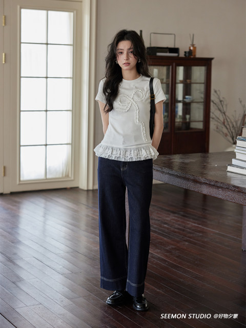 Ximeng 2025 new spring Korean high-end short niche top small white lace ...