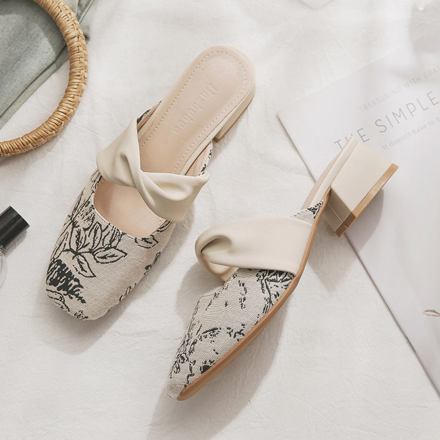 Sheepskin version ~ Heelless lazy shoes French thick heel Baotou half ...