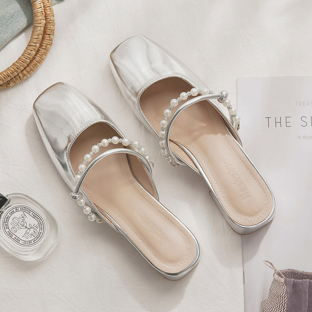 Sheepskin version ~ Heelless lazy slip-on silver with skirt thick heel ...