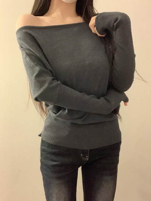 Pure desire purple slanted collar one-shoulder long-sleeved sweater for ...