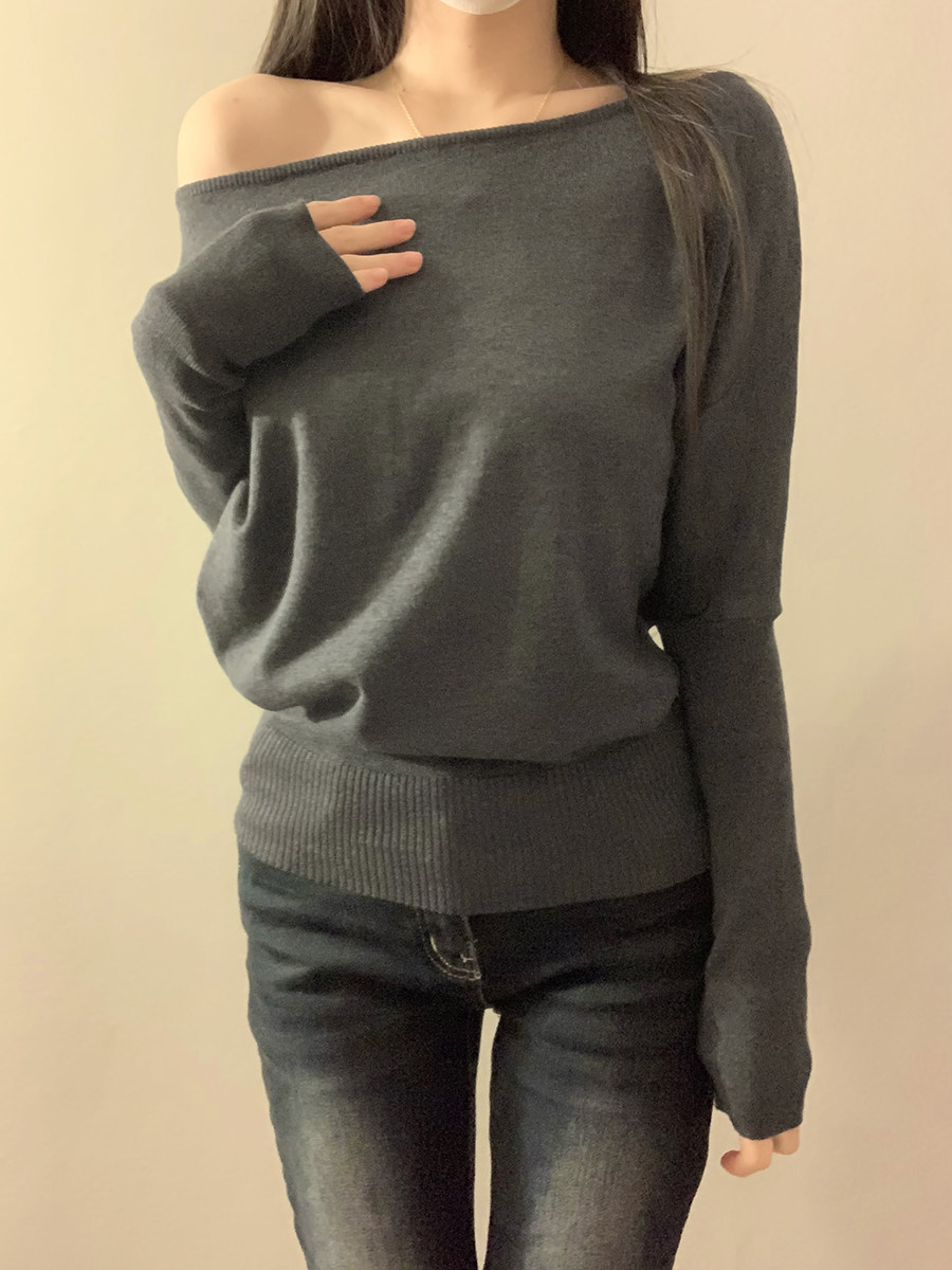 Pure desire purple slanted collar one-shoulder long-sleeved sweater for ...