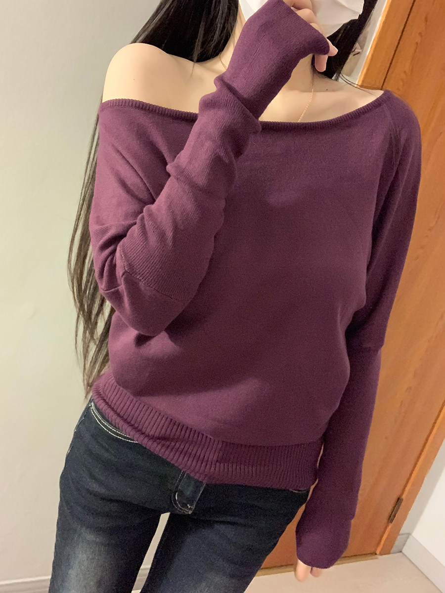 Pure desire purple slanted collar one-shoulder long-sleeved sweater for ...
