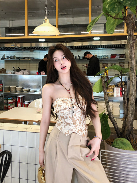 12YE khaki floral strapless women summer slim shoulder strap chest pad design hot girl vest top ...
