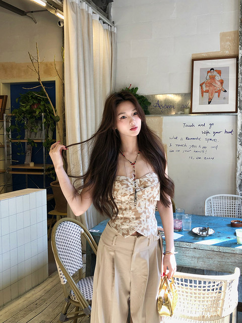 12YE khaki floral strapless women summer slim shoulder strap chest pad design hot girl vest top ...