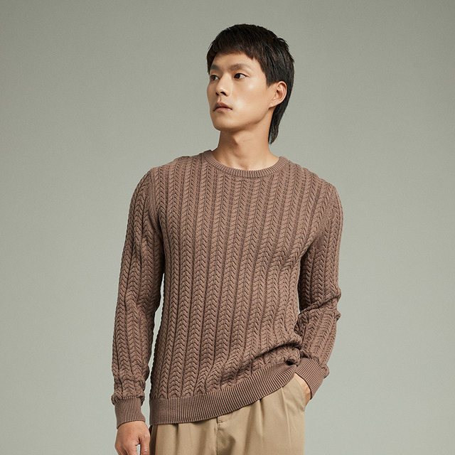 Pure cotton sweater men's round neck thickened twisted cotton twist ...