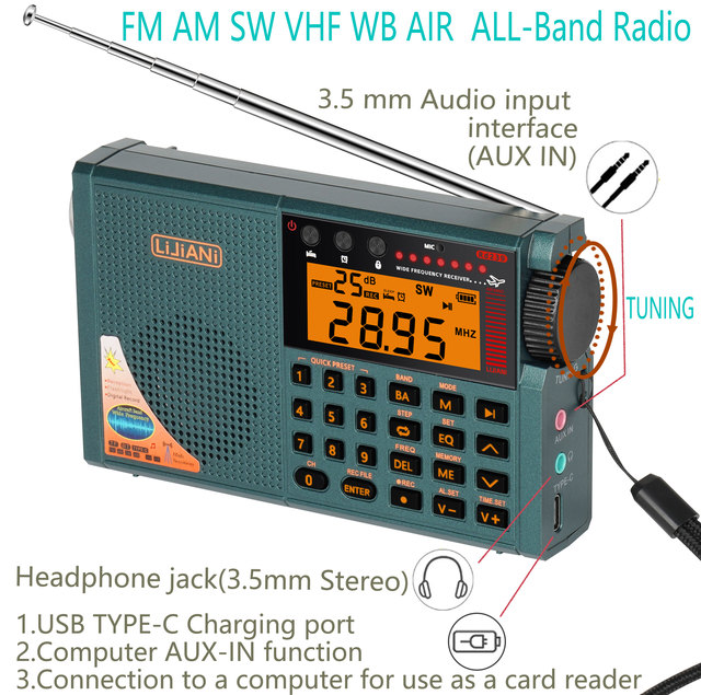 Recording radio av/vhf/am/fm/sw/wb6 band, Bluetooth/TF card/flashlight ...