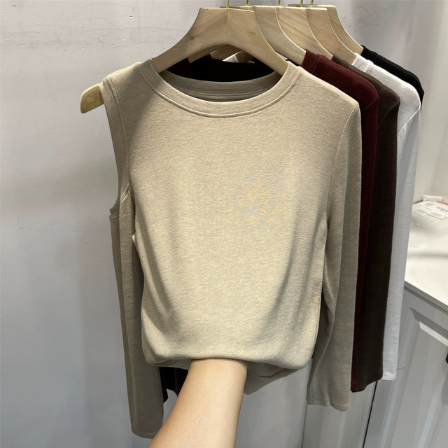 Angora red drape long-sleeved T-shirt for women ins leaky shoulder off ...