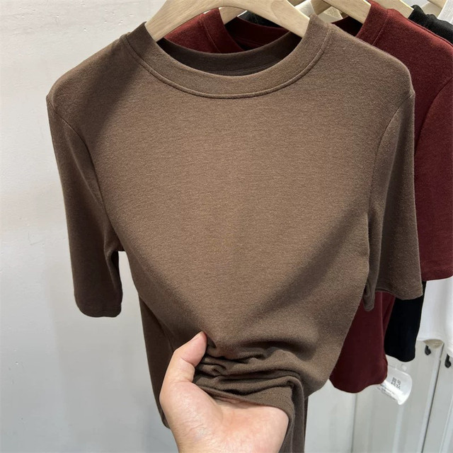 Angora red round neck soft waxy mid-sleeve T-shirt for women 2024 early ...