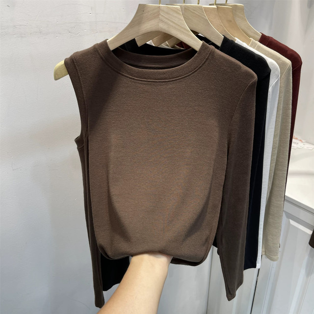 Angora red drape long-sleeved T-shirt for women ins leaky shoulder off ...