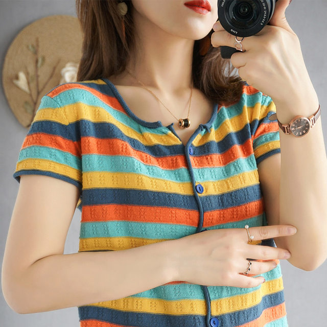Round neck knitted rainbow striped T -shirt female slim and thin short ...